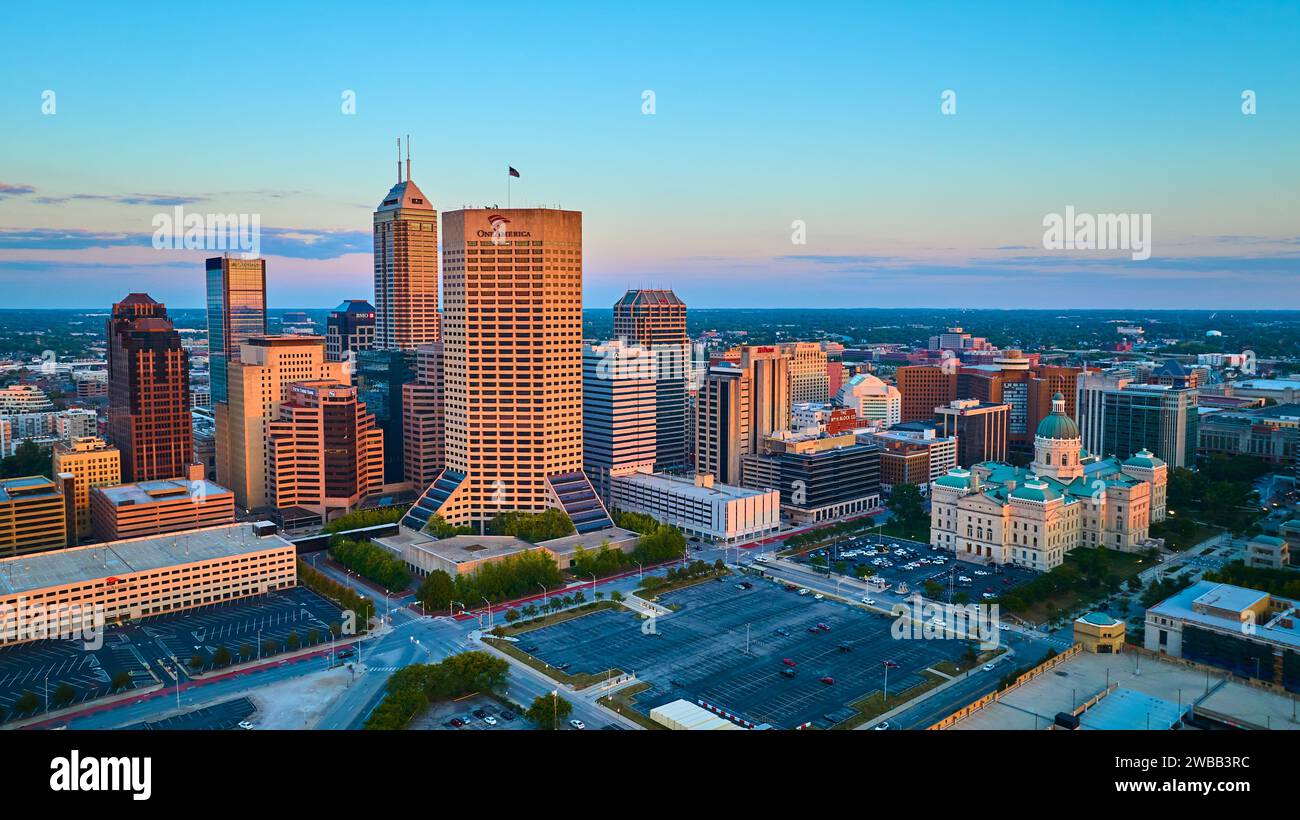 Aerial Sunset Glow on Indianapolis Skyline and Courthouse Stock Photo ...