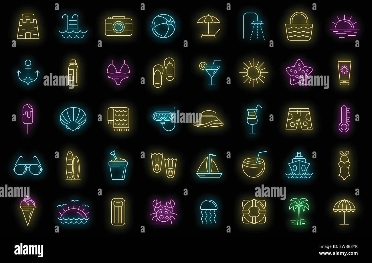 Beach icons set. Outline set of beach vector icons neon color on black ...