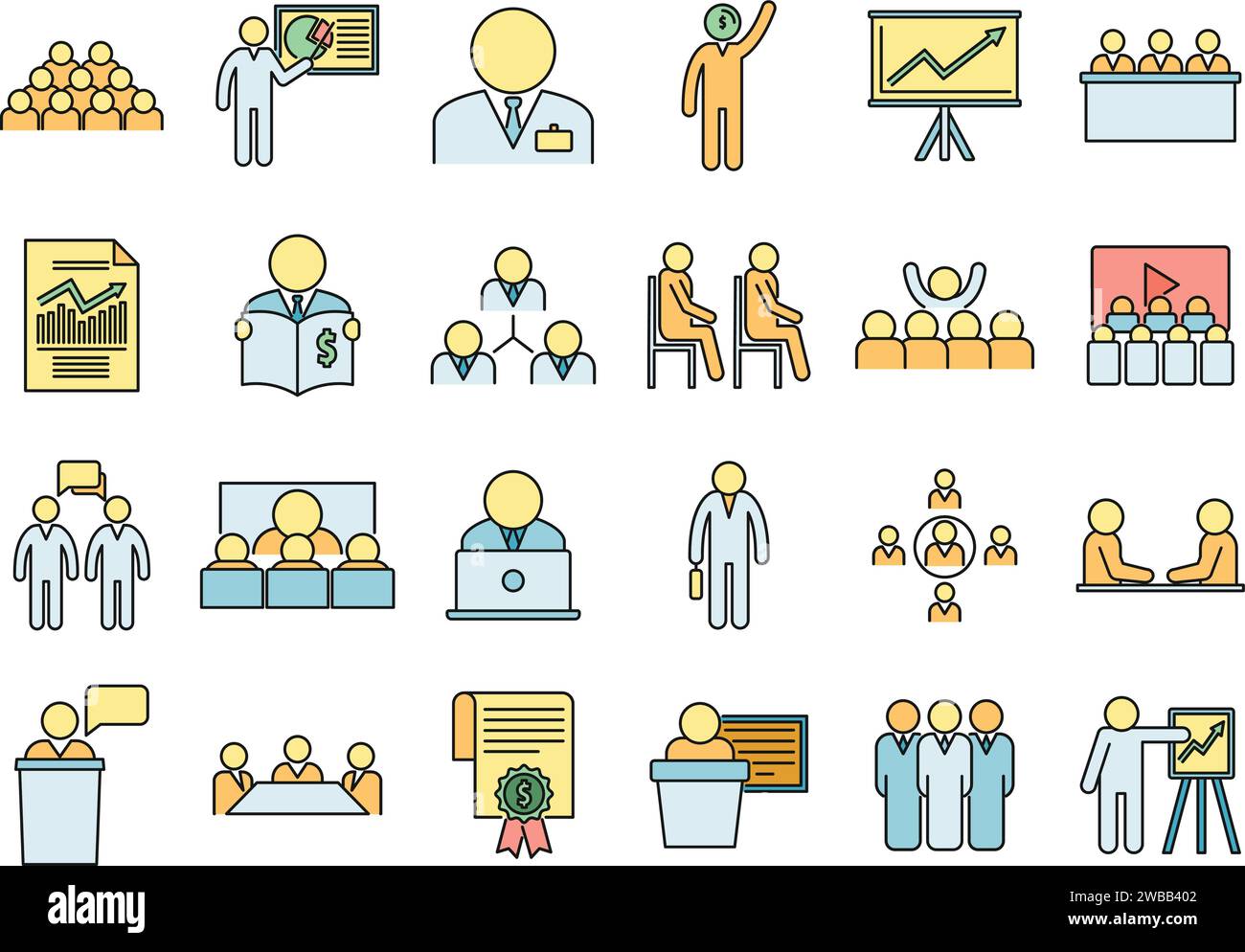 Business training presentation icons set. Outline set of business ...