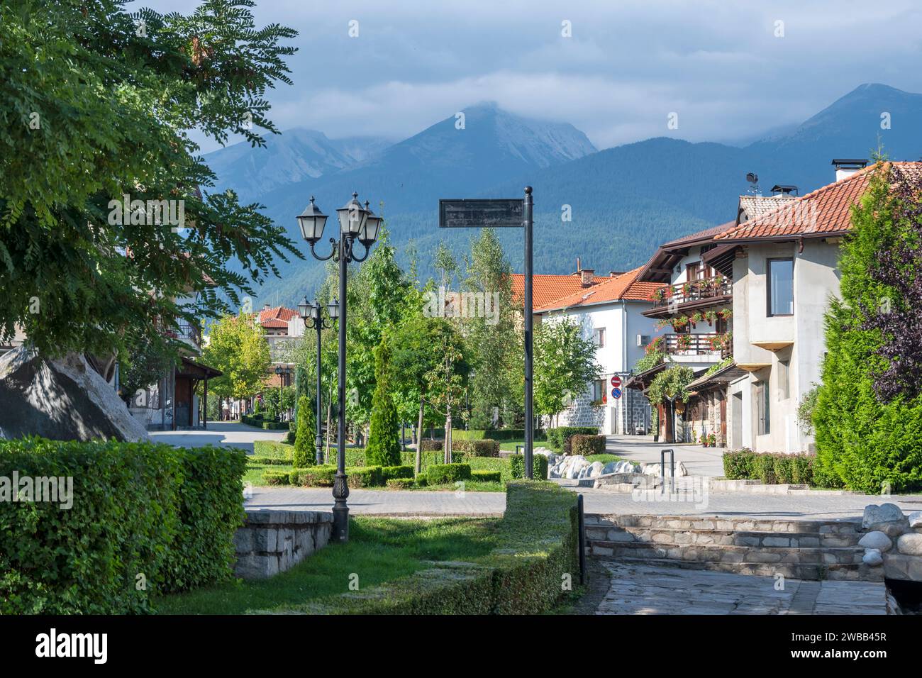 Typical street and buildings at old town of Bansko, Blagoevgrad Region ...