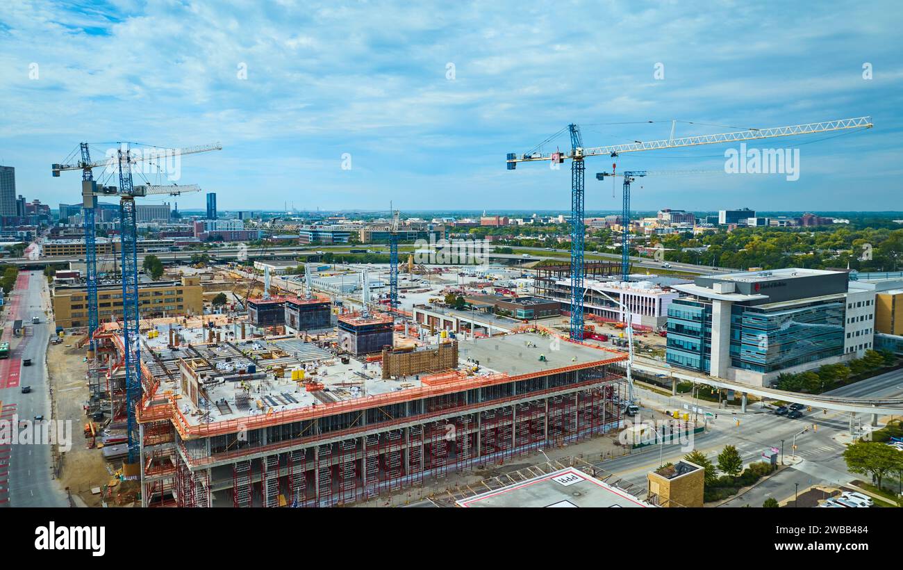 Aerial View of Urban Construction Site with Cranes in Indianapolis ...