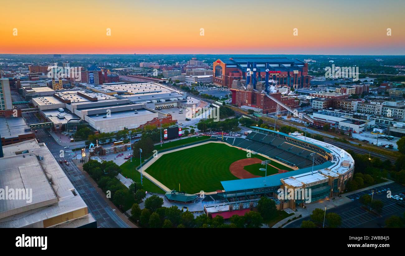 Aerial Twilight Glow over Baseball Stadium and Cityscape Stock Photo ...
