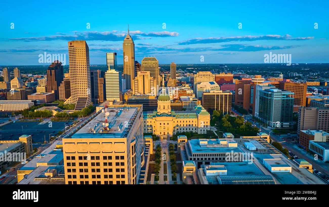 Aerial Sunset Glow on Indianapolis Skyline and Courthouse Stock Photo ...