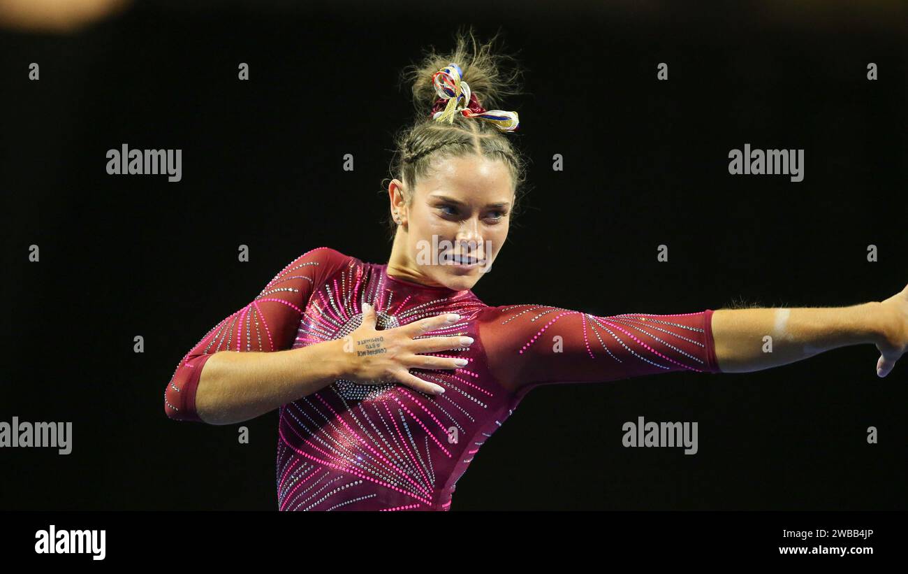 Oklahoma's Jordan Bowers competes on the floor exercise during an NCAA ...