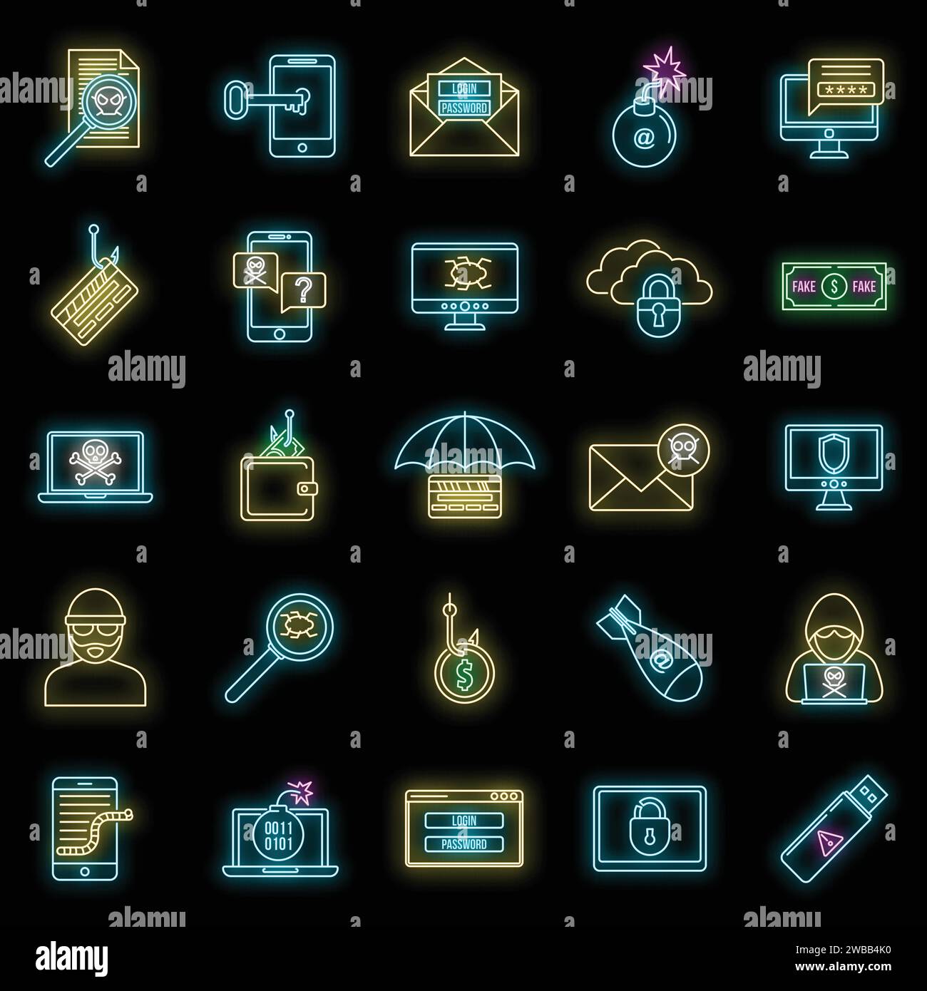 Fraud spy icons set. Outline set of fraud spy vector icons neon color on black Stock Vector ...