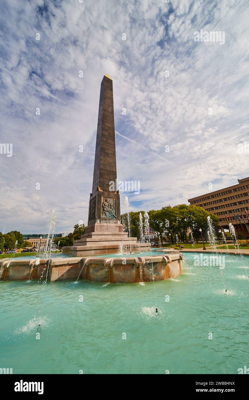 Grand Obelisk Monument with Fountain in Urban Park, Low Angle View ...