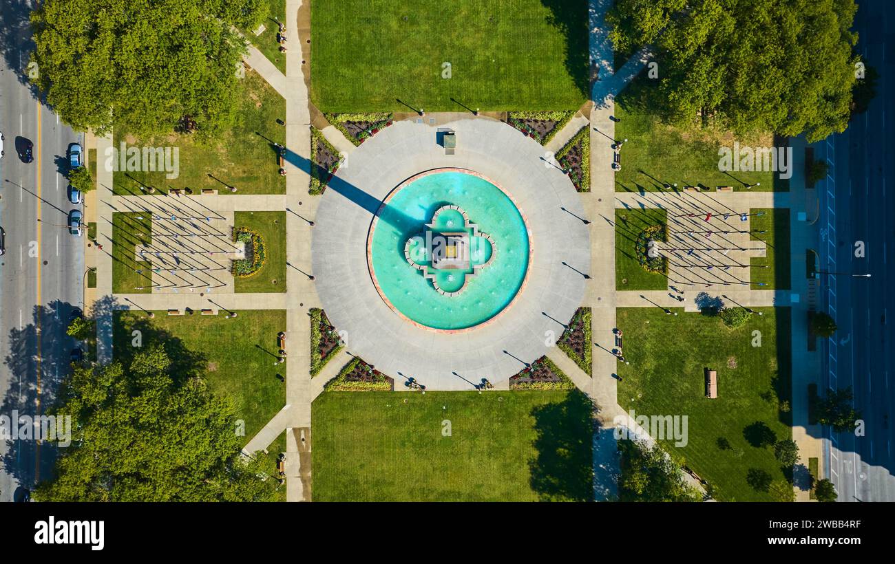 Aerial Top Down of Ornate Fountain in City Park, Indianapolis Stock ...