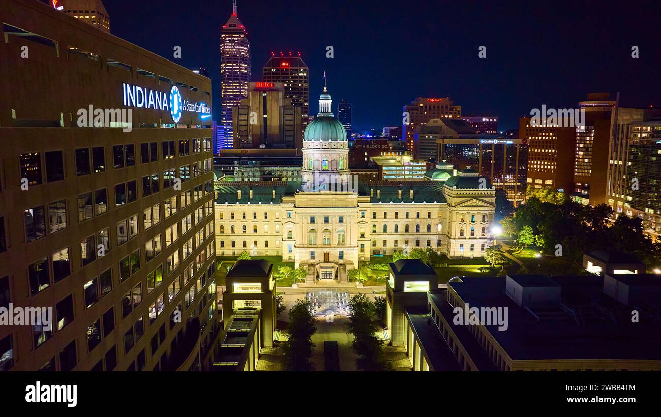 Aerial Indianapolis Night Cityscape with Historic Dome and Skyscrapers ...