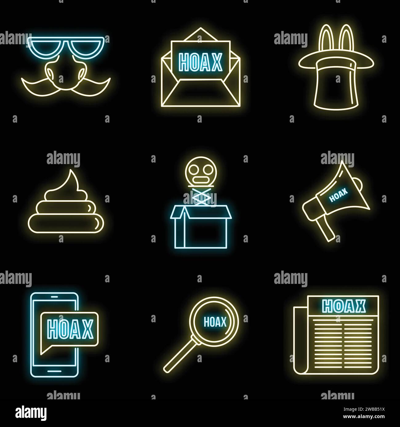 Hoax fake icons set. Outline set of hoax fake vector icons neon color ...