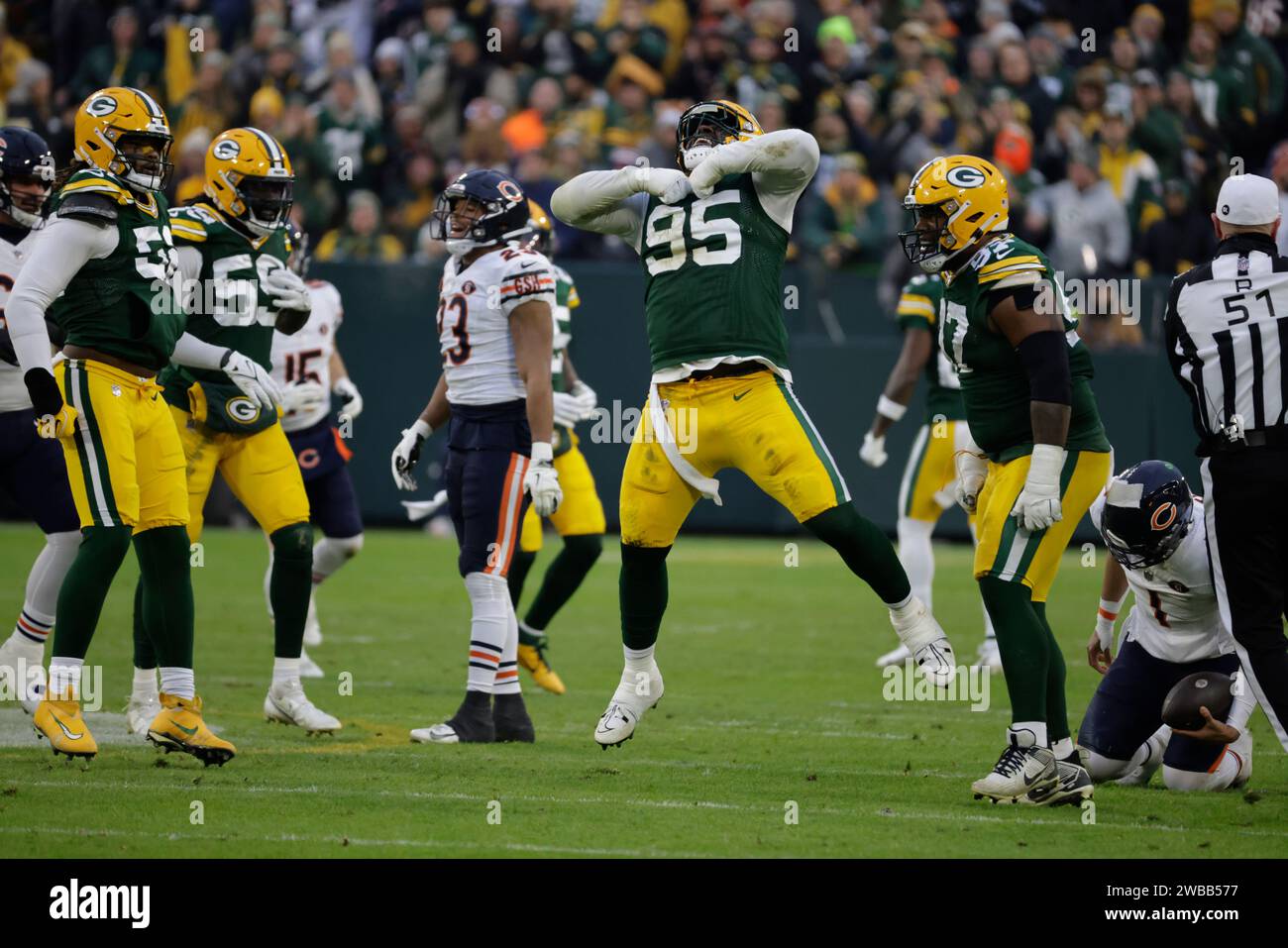 Green Bay Packers defensive tackle Devonte Wyatt (95) celebrates a sack ...