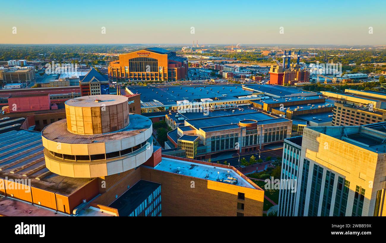 Aerial Golden Hour Over Indianapolis Stadium and Cityscape Stock Photo ...