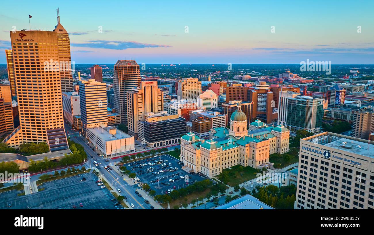 Aerial Golden Hour Glow on Indianapolis Courthouse and Skyscrapers ...