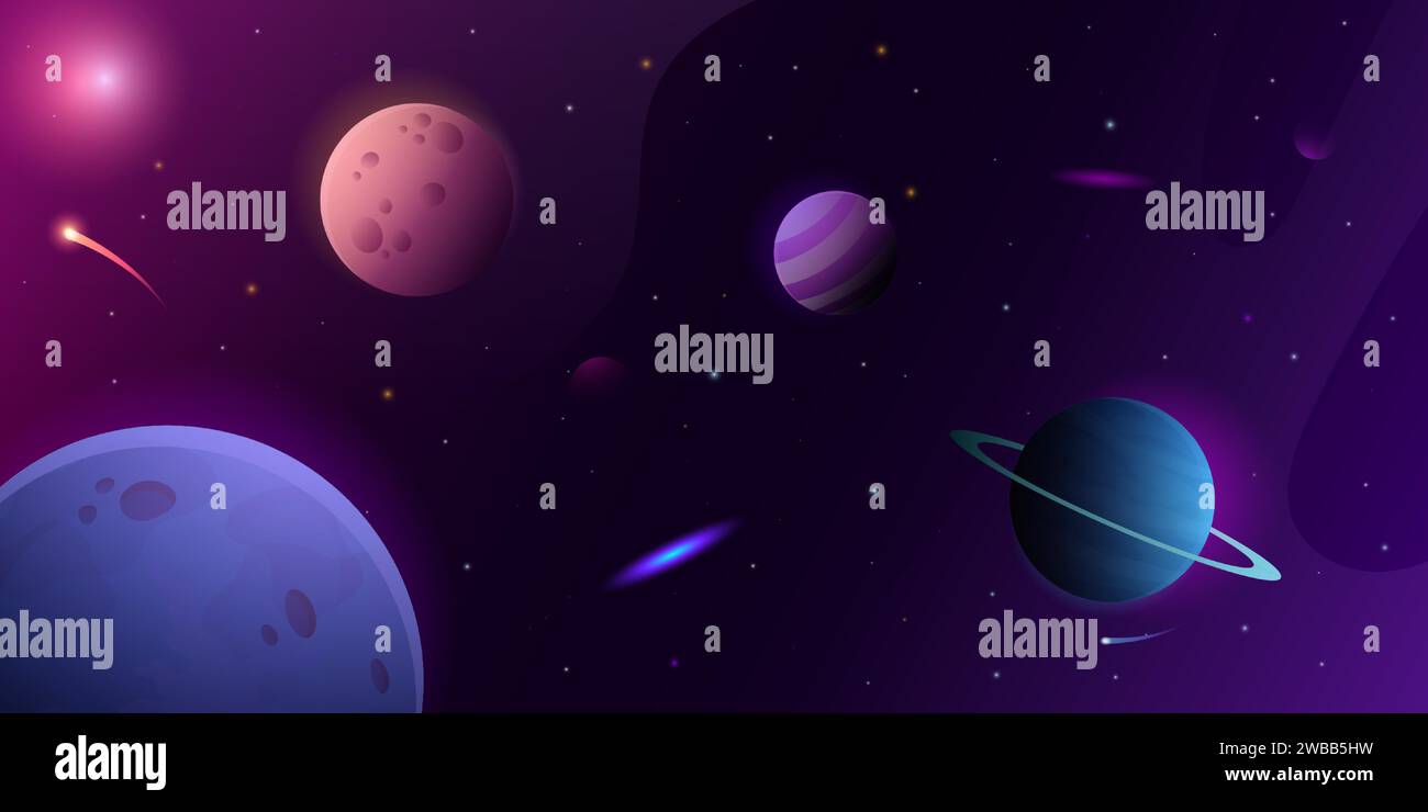 Cartoon space background. Starry universe sky with alien planets ...