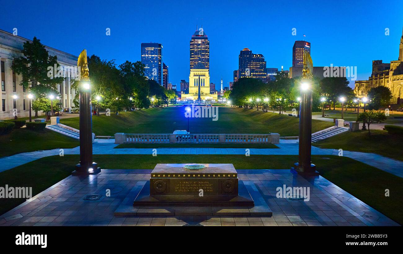 Aerial Blue Hour at Indianapolis War Memorial Park with City Skyline ...