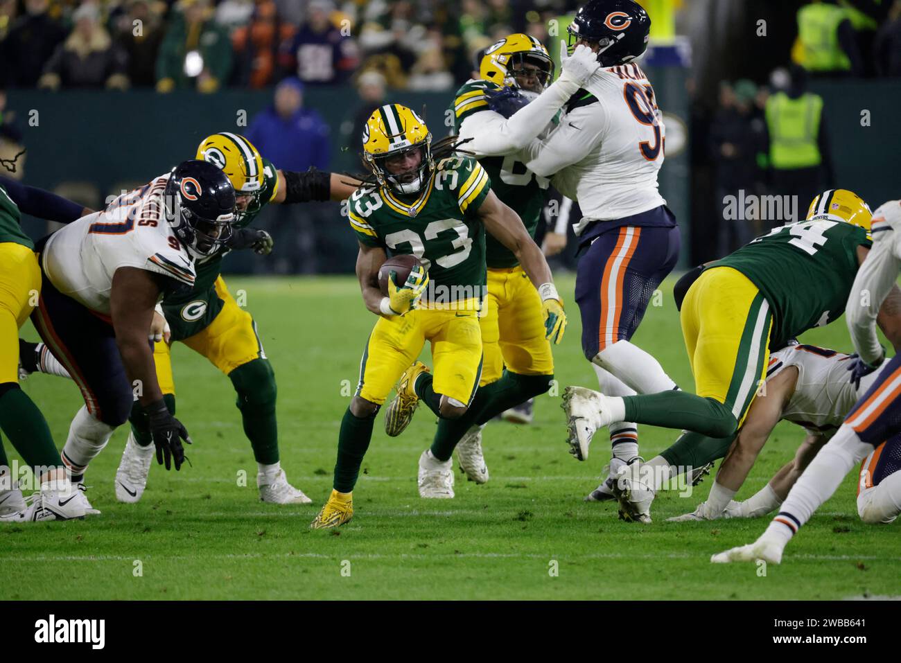 Green Bay Packers running back Aaron Jones (33) before an NFL football game Sunday, Jan. 7, 2024 ...