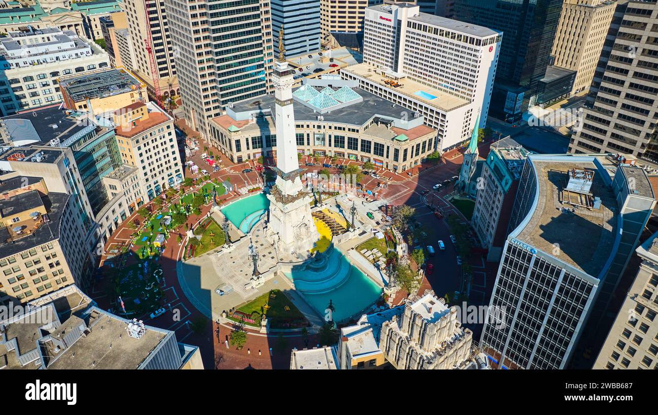 Aerial Downtown Indianapolis Monument Circle and Skyscrapers Stock ...