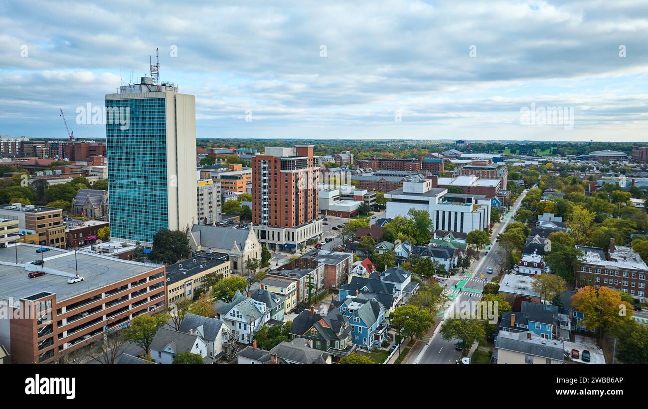 Aerial View of Urban Cityscape with Blue Glass Skyscraper, Ann Arbor ...