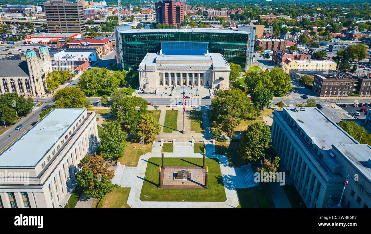 Aerial View of Neoclassical Courthouse with Flags and Plaza in ...