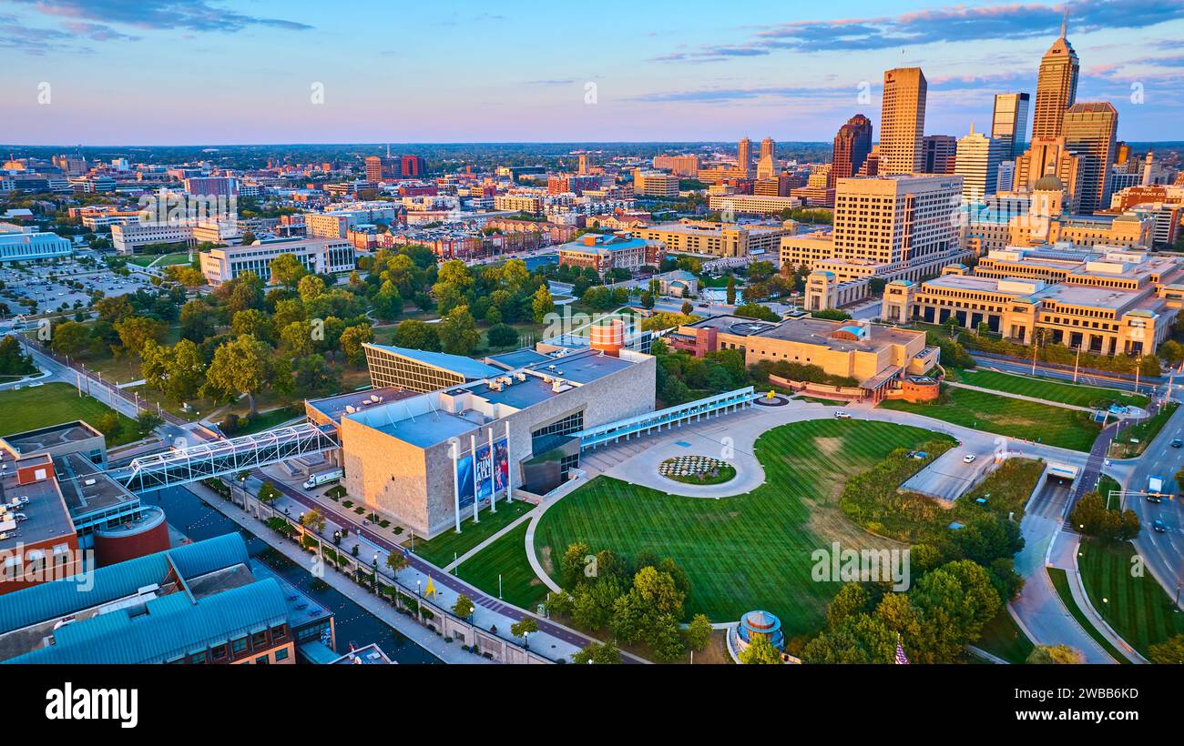 Aerial Sunset Glow on Indianapolis Skyline and Courthouse Stock Photo ...