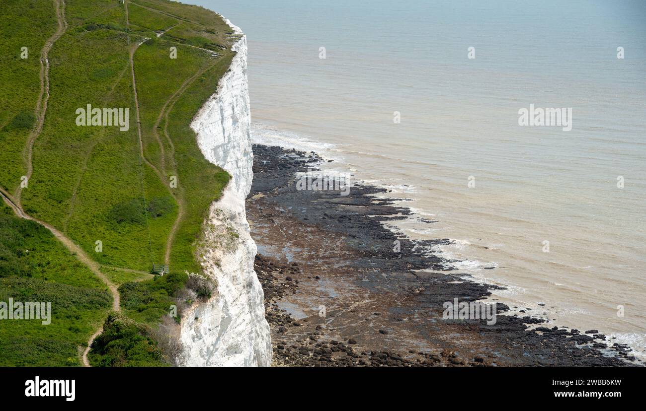 White cliffs of Dover national trust park with footpath for hiking ...
