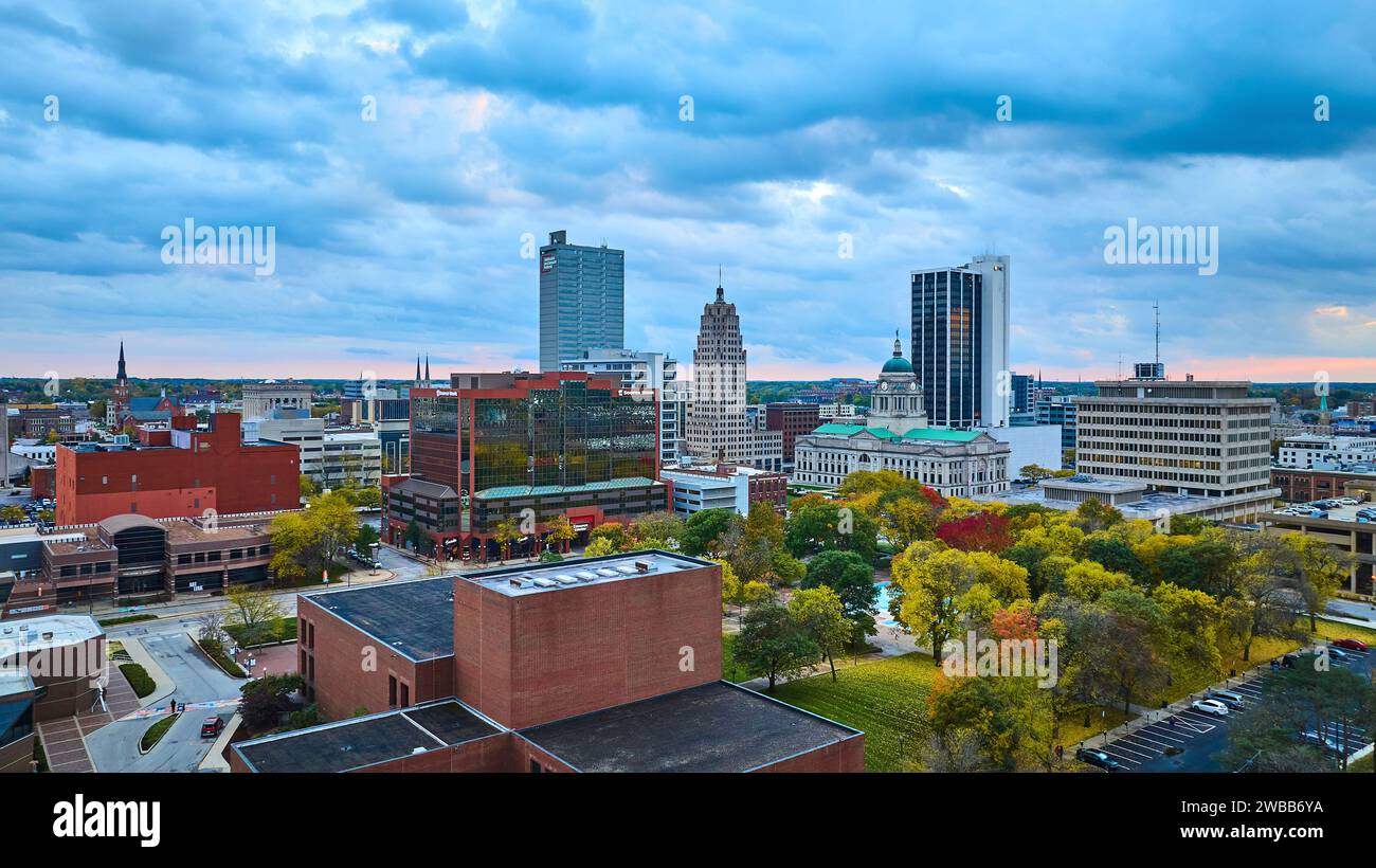 Aerial Autumn Cityscape with Historic Dome, Fort Wayne Downtown Stock ...