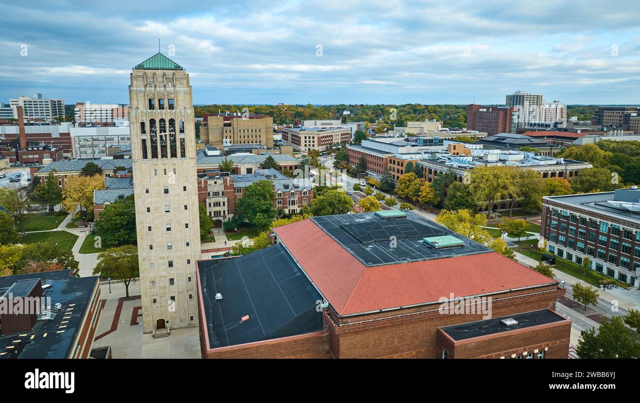 Aerial View of Historic Bell Tower and University of Michigan Campus ...