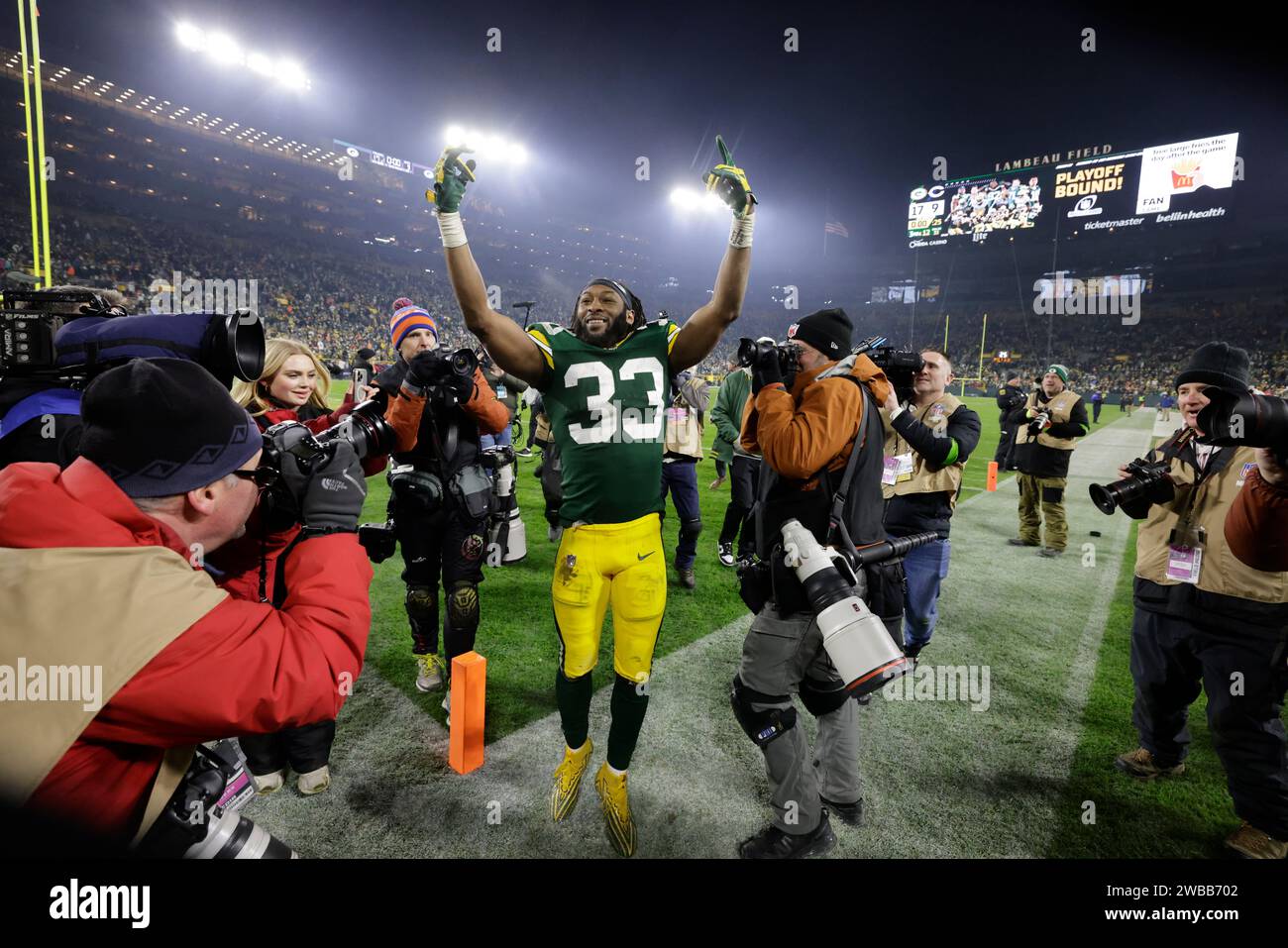 Green Bay Packers running back Aaron Jones (33) after an NFL football game Sunday, Jan. 7, 2024 ...
