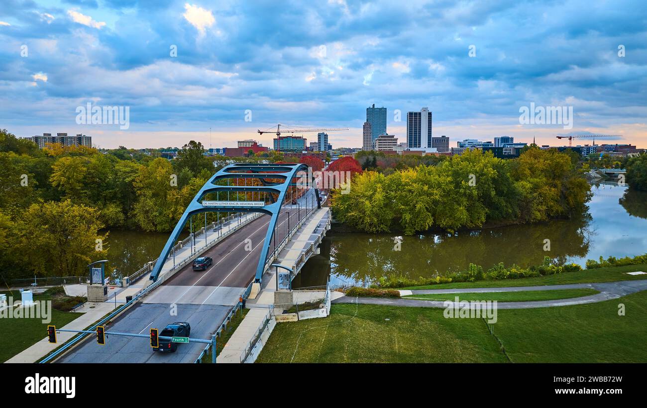 Aerial Sunrise View of Martin Luther King Bridge and Fort Wayne Skyline ...