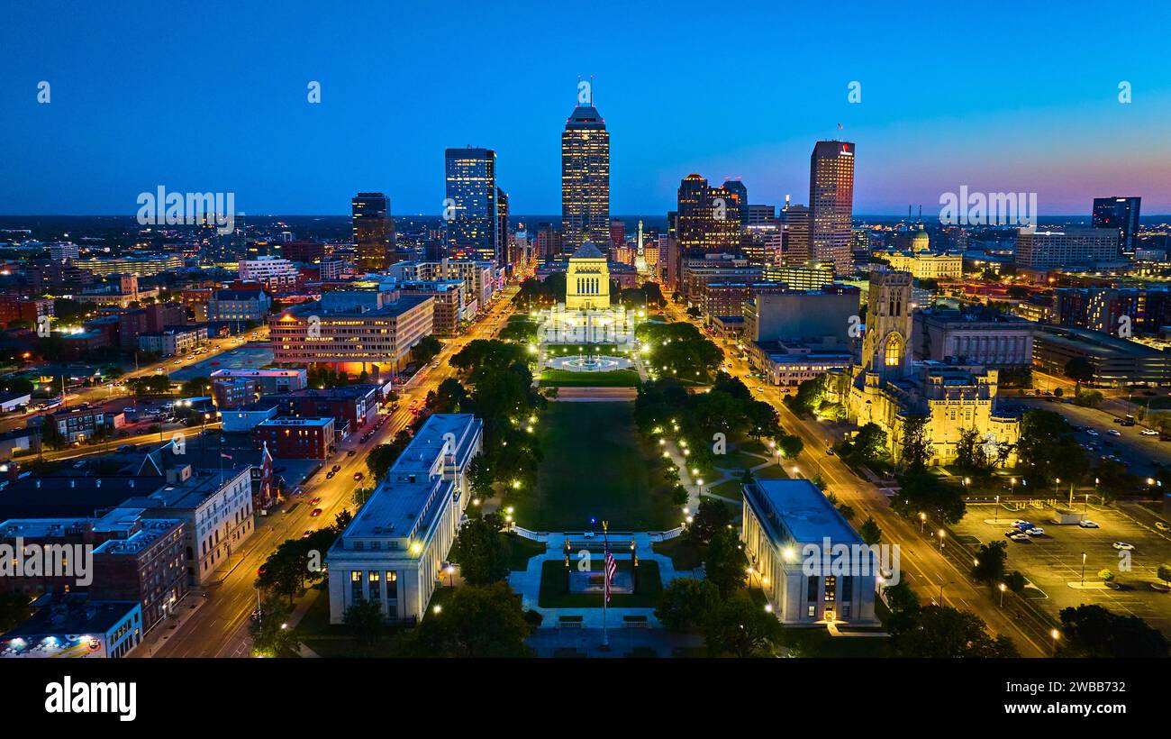 Aerial Twilight Cityscape of Indianapolis with Illuminated War Memorial ...