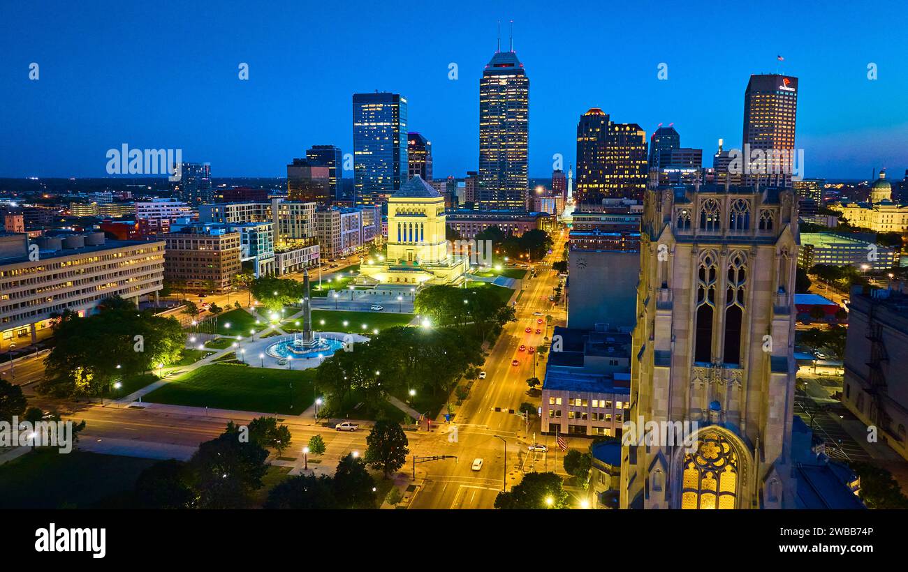 Aerial Twilight Cityscape with Historic Building and Fountain ...