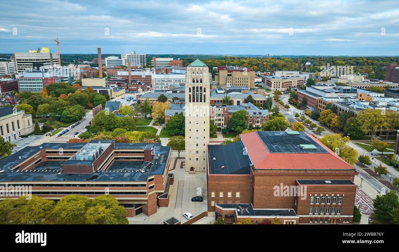 Aerial View of Burton Memorial Tower Amidst Autumn Cityscape, Ann Arbor ...