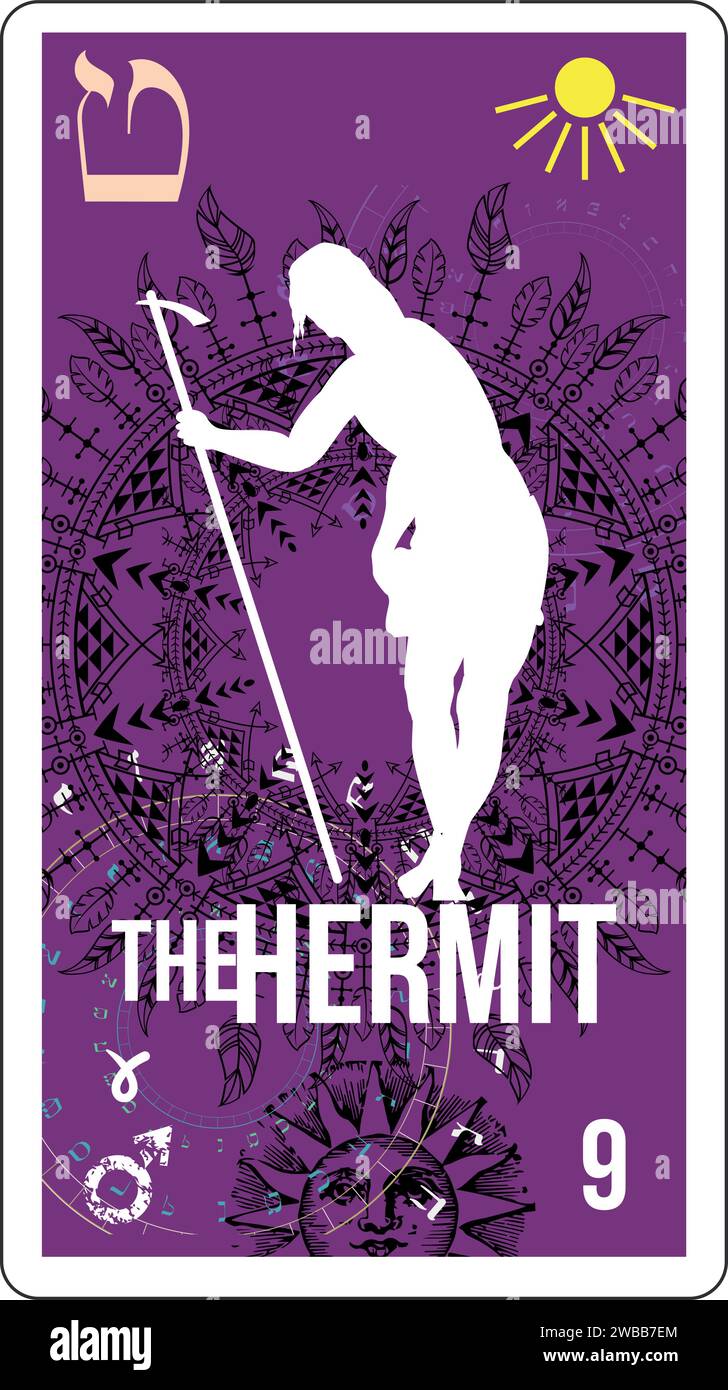 Egyptian tarot card number nine, called the hermit. Silhouette of Jesus ...