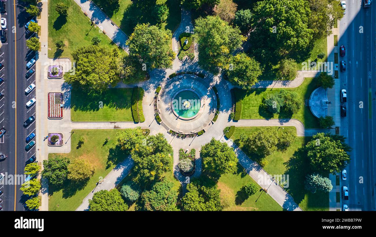 Aerial View of Urban Park Fountain in Indianapolis with Greenery and ...