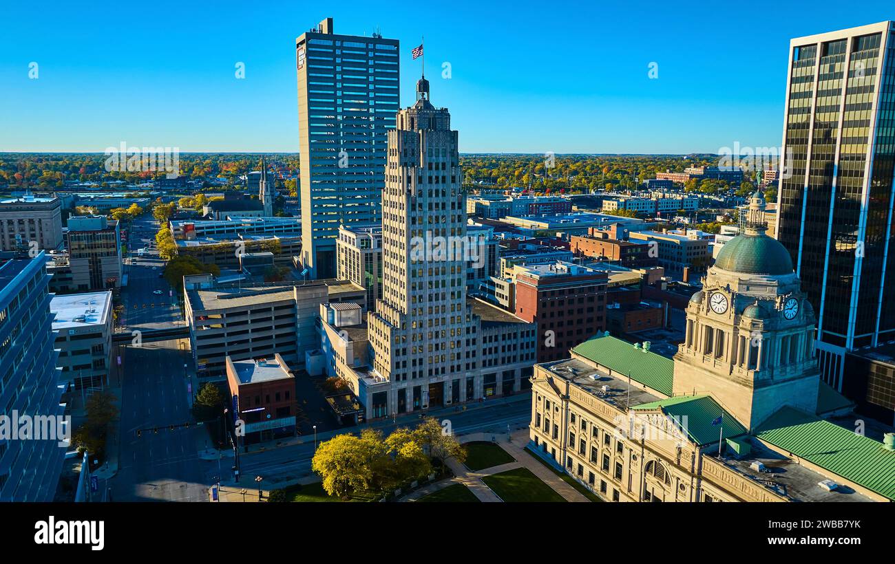 Aerial Fort Wayne Cityscape with Historic Clock Tower and Modern ...