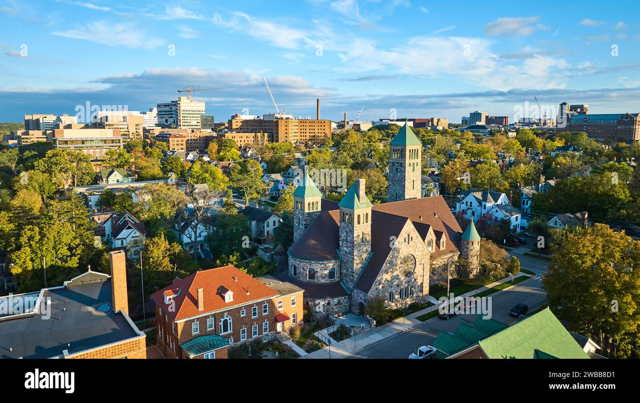 Aerial View of Historic Church and Urban Neighborhood at Golden Hour ...