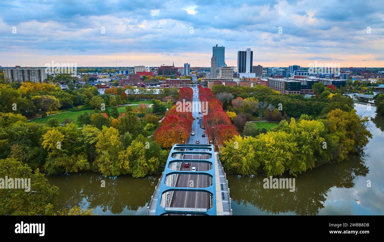 Aerial Autumn Cityscape with Tree-Lined Boulevard and Skyline Stock ...