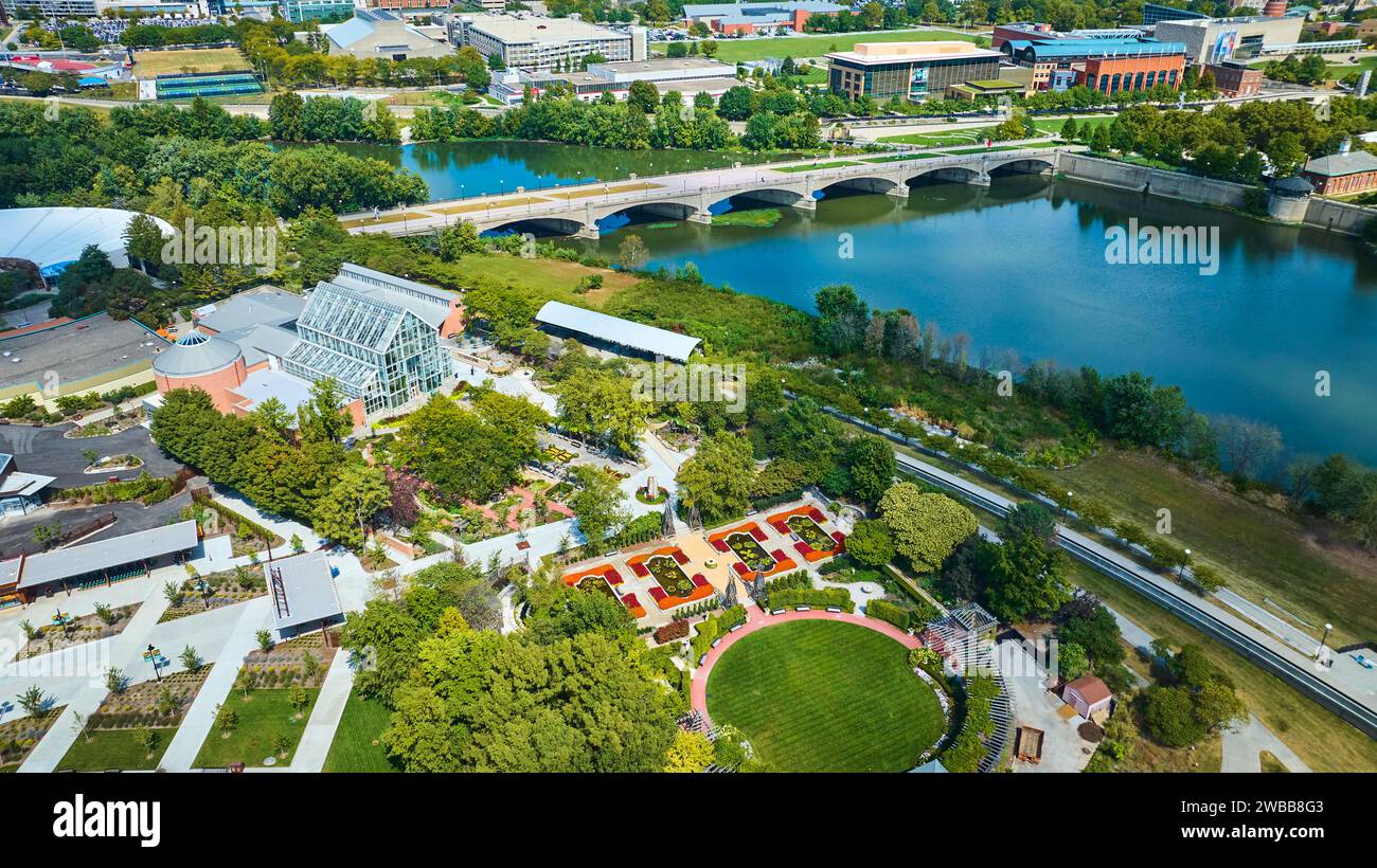 Aerial View of Zoo Park with Flowerbeds, River and Bridge Stock Photo ...