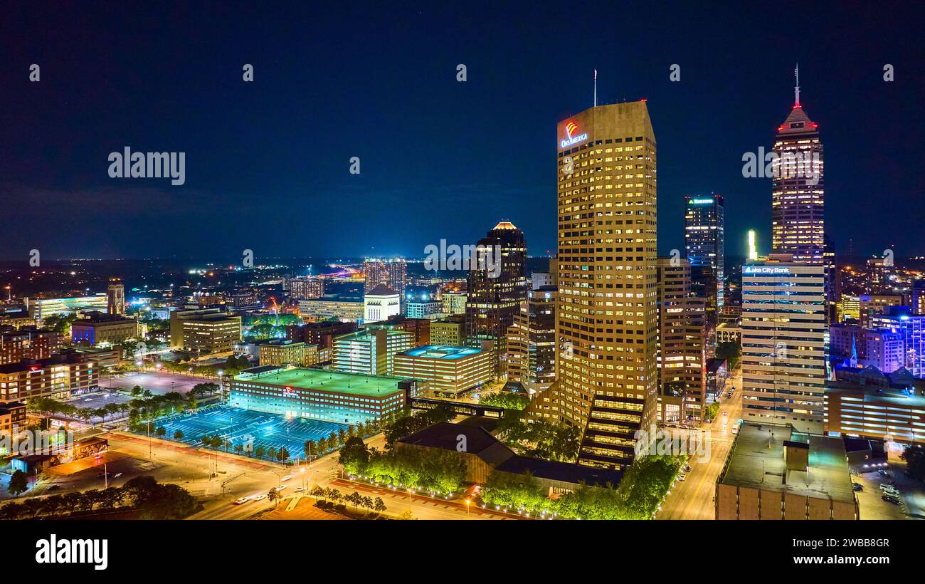 Aerial Night View of Indianapolis Skyscrapers and Urban Lights Stock ...