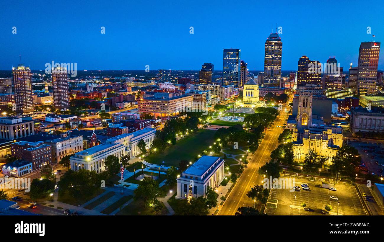 Aerial Twilight Cityscape with Green Park and Indianapolis Landmarks ...