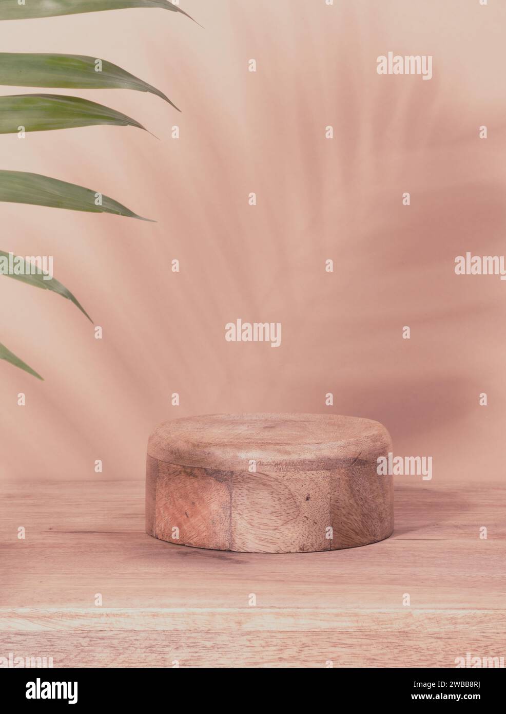 Round wooden platform, shadow from a palm leaf on a brown background ...