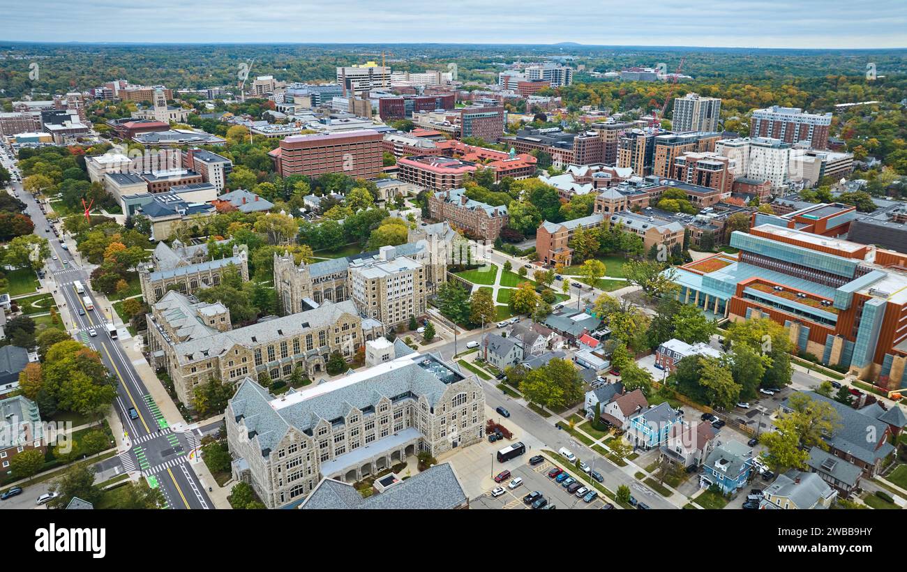 Aerial Autumn View of Urban College Campus and Cityscape Stock Photo ...