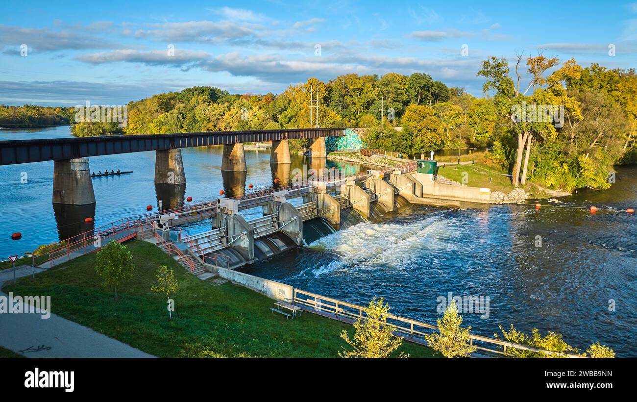 Aerial View of Argo Dam and Railway Bridge with Rowing Team, Huron ...