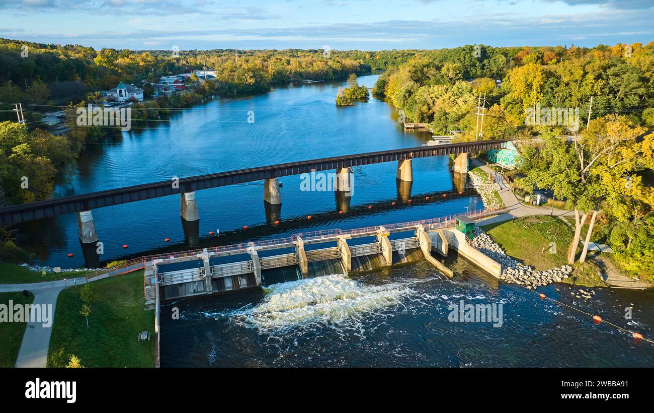 Aerial View of Railway Bridge and Dam on Huron River in Autumn Stock ...