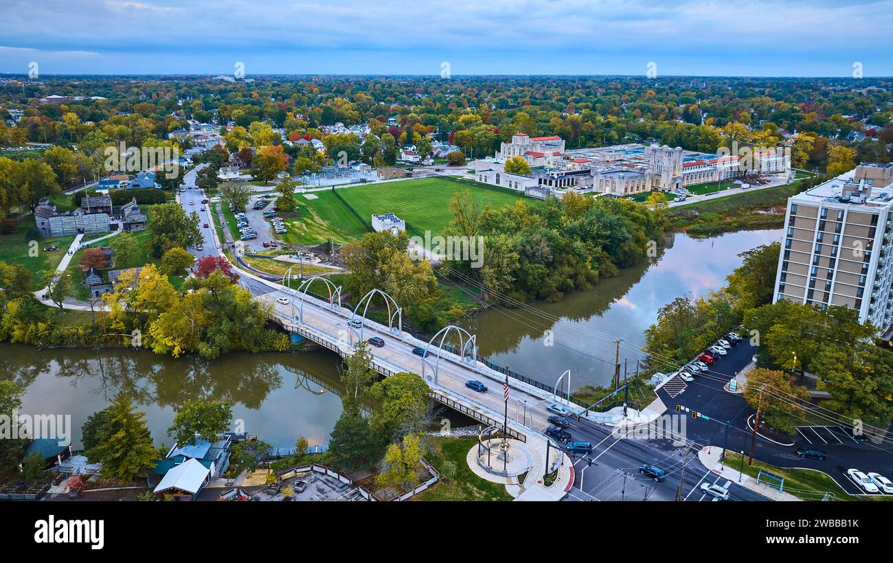 Aerial View of River Town with Veterans Memorial Bridge and Historical ...