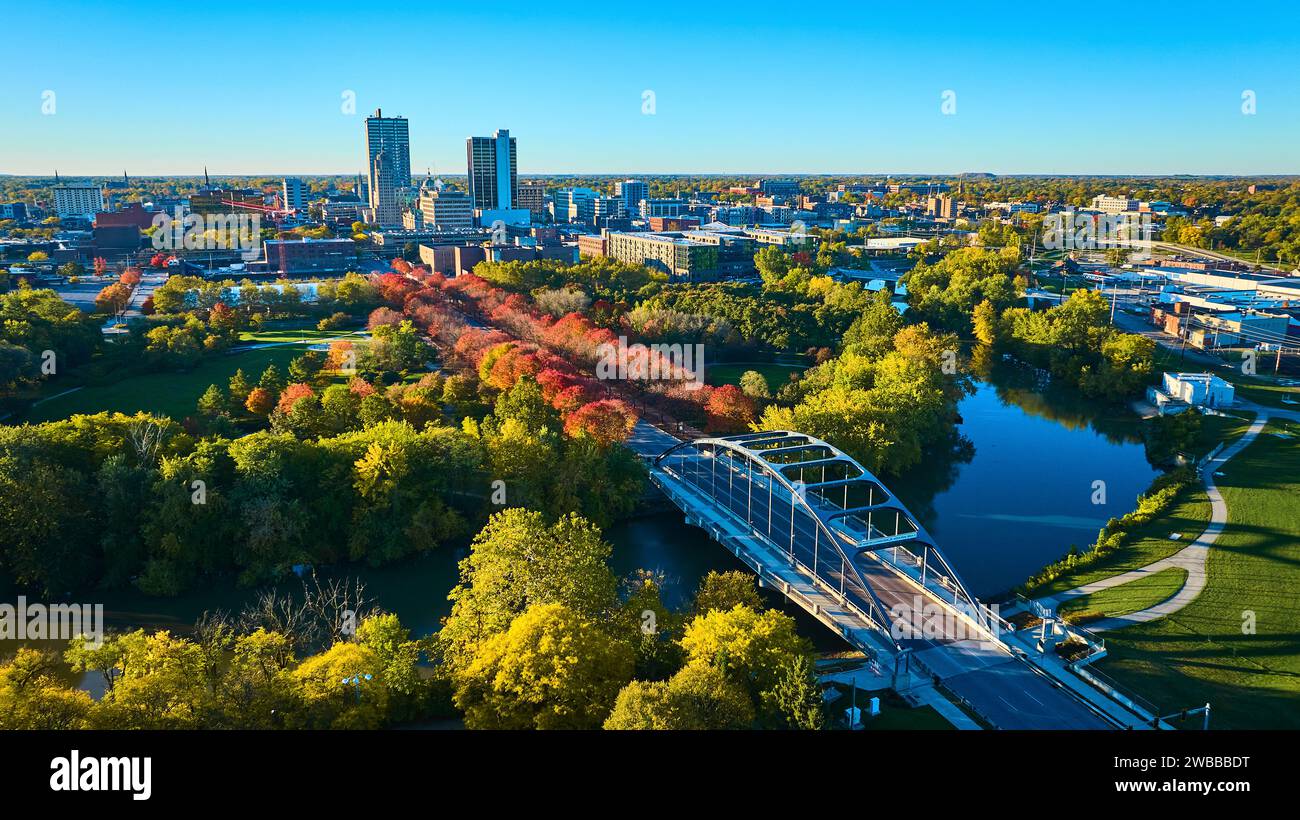 Aerial View of Autumnal Fort Wayne Skyline with MLK Bridge and River ...