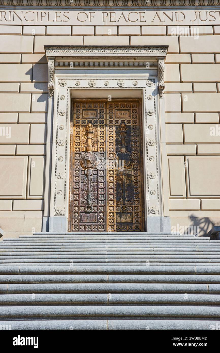 Grand Entrance with Golden Door and Principles Inscription, Low Angle ...