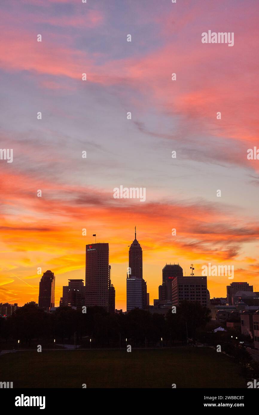 Indianapolis Skyline at Sunset with Vibrant Skies and Park Silhouette ...