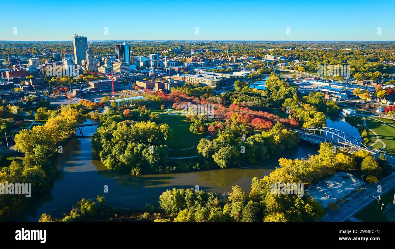 Aerial Autumn Cityscape with River and Bridges in Fort Wayne Stock ...