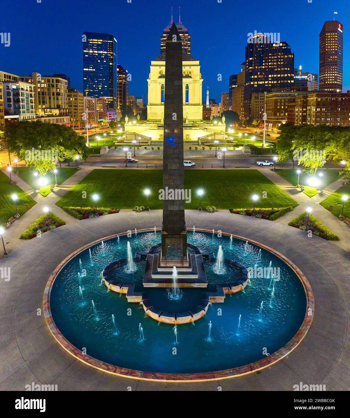 Aerial Twilight View of Indianapolis Obelisk Square and Skyline Stock ...