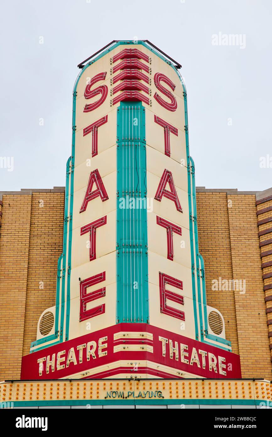 Vintage Theater Marquee Sign in Teal and Red, Upward Perspective Stock ...